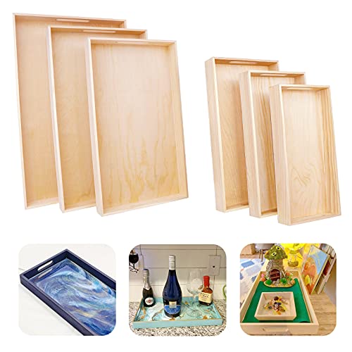 6 Pcs Wooden Serving Trays - Unfinished Reinforced Wooden Decorative Trays with Handles, DIY Crafts Differdent Food Tray Set for Breakfast, Dinner, Tea ,Coffee Table, BBQ, Party(12"x6" to 16"x10")