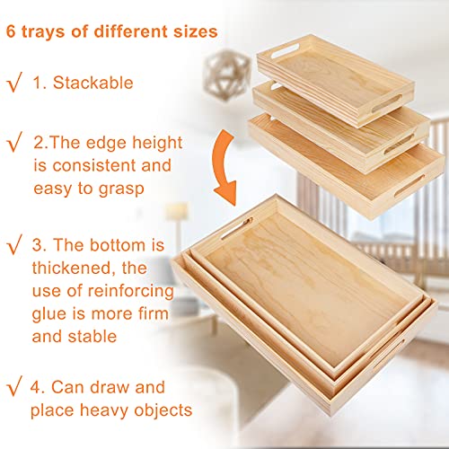 6 Pcs Wooden Serving Trays - Unfinished Reinforced Wooden Decorative Trays with Handles, DIY Crafts Differdent Food Tray Set for Breakfast, Dinner, Tea ,Coffee Table, BBQ, Party(12"x6" to 16"x10")