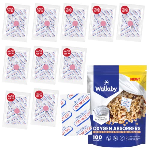 Wallaby 400cc Oxygen Absorbers for Long Term Food Storage 100 count (10х Packs of 10) Bulk - FDA Food Grade Packs for Vacuum Mylar Bags, Airtight Containers Flour Sugar Cereals, Freeze Dryers & Dehydrators