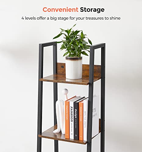 VASAGLE Bookshelf, 4-Tier Ladder Shelf, Freestanding Storage Shelves, for Home Office Living Room Bedroom Kitchen, Steel Frame, Simple Assembly, Industrial, Rustic Brown and Black ULLS108B01