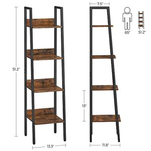 VASAGLE Bookshelf, 4-Tier Ladder Shelf, Freestanding Storage Shelves, for Home Office Living Room Bedroom Kitchen, Steel Frame, Simple Assembly, Industrial, Rustic Brown and Black ULLS108B01