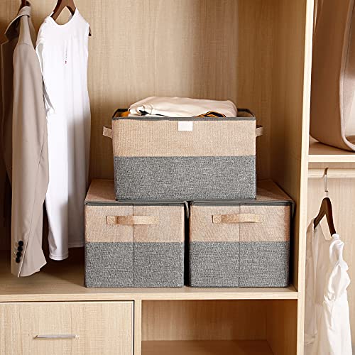 E-MANIS Storage Bins with Lids set of 3 Foldable Storage Boxes with Lids Storage Baskets Storage Containers Organizers with for Toys,Clothes and Books Grey and Beige