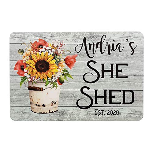 Personalized She Shed Metal Sign with Wood Look，Sun Flower Home Decor Wall Art Shed Accessories