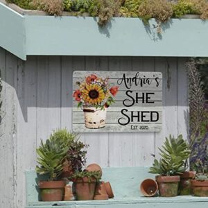 Personalized She Shed Metal Sign with Wood Look，Sun Flower Home Decor Wall Art Shed Accessories