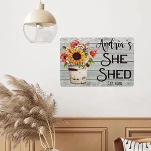 Personalized She Shed Metal Sign with Wood Look，Sun Flower Home Decor Wall Art Shed Accessories