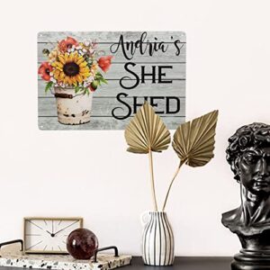 Personalized She Shed Metal Sign with Wood Look，Sun Flower Home Decor Wall Art Shed Accessories