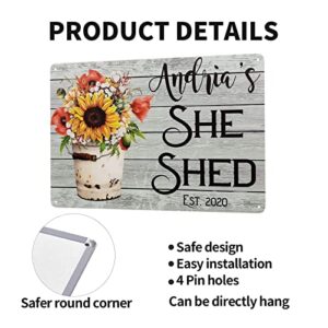 Personalized She Shed Metal Sign with Wood Look，Sun Flower Home Decor Wall Art Shed Accessories