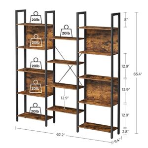 VASAGLE 5 Tier Large Bookshelf, Triple Wide Bookcase with 14 Storage Shelves, Living Room, Study, Office, Industrial Style, Rustic Brown and Black ULLS107B01