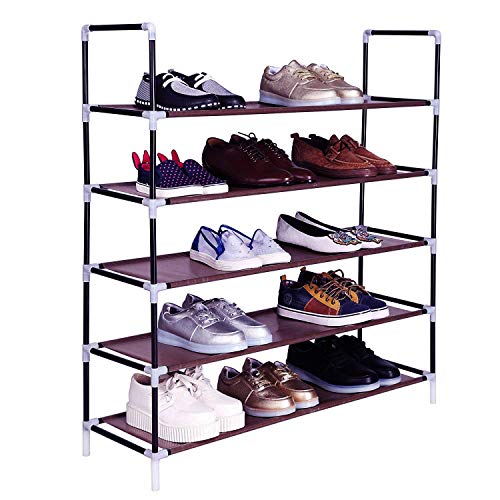 Hooseng Simple Assembly Shoe Rack 5 Tiers Non-woven Waterproof Fabric Shoe Storage Organizer 39.37 x 11 x 37.4inch with Handle Dark Brown