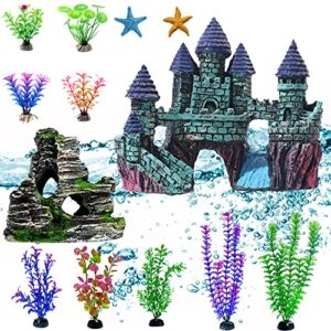 mechpia 13 pieces aquarium decorations kit, fish tank decorations set small resin castle and rockery betta fish cave hideout coral artificial plastic plants ornament accessories