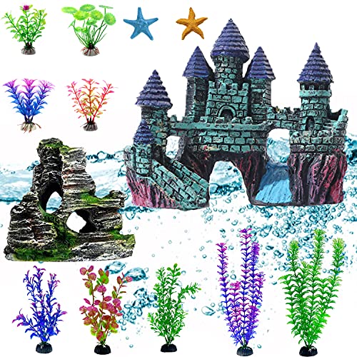 Mechpia 13 Pieces Aquarium Decorations Kit, Fish Tank Decorations Set Small Resin Castle and Rockery Betta Fish Cave Hideout Coral Artificial Plastic Plants Ornament Accessories