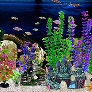 Mechpia 13 Pieces Aquarium Decorations Kit, Fish Tank Decorations Set Small Resin Castle and Rockery Betta Fish Cave Hideout Coral Artificial Plastic Plants Ornament Accessories