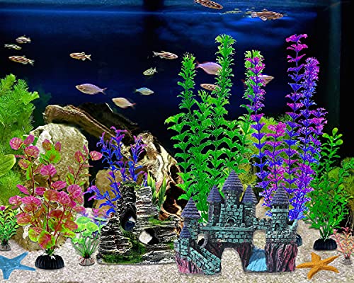 Mechpia 13 Pieces Aquarium Decorations Kit, Fish Tank Decorations Set Small Resin Castle and Rockery Betta Fish Cave Hideout Coral Artificial Plastic Plants Ornament Accessories