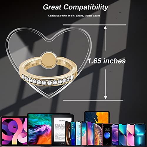 TACOMEGE Transparent Clear Cell Phone Ring Grips Holder for Apple iPhone Samsung Galaxy, Finger Ring Stand for Smartphones Tablets Cases(Crystal-Heart-Gold)