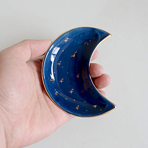 BIHOIB Small Moon Jewelry Dish Tray, Decorative Ceramic Trinket Dish, Modern Accent Tray for Vanity, Blue