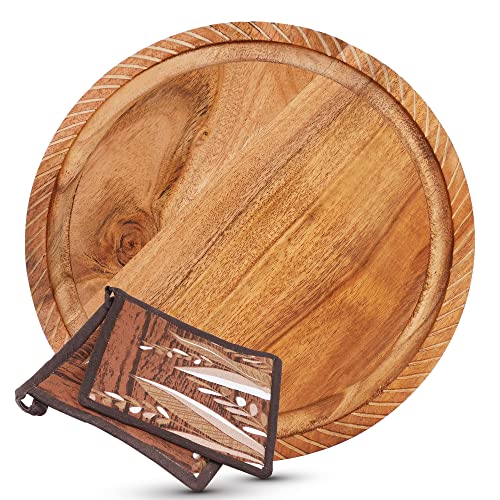 K & R Wood Trivet for hot pots and Pans | Natural Acacia Wood | Trivets for hot Dishes | Reversible Wood Cutting Board | Wooden Trivet and 2 hot Pads for Kitchen | Multiuse Wood Serving Board