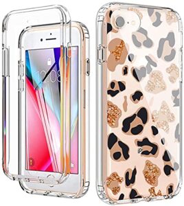 yiyiyaya for iphone se 2022 case, iphone se 2020 case with built in screen protector, clear floral pattern for girls women, full body shockproof case for iphone 6/6s/7/8/se 2020/2022 golden leopard