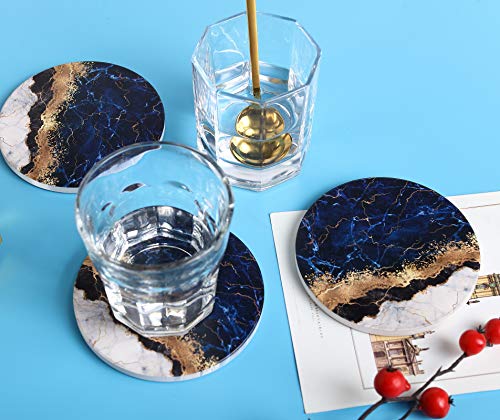 RoomTalks Blue and Gold Marble Coasters for Drinks Absorbent 4PCS Modern Abstract Ceramic Coaster Set Cork Back Glitter Stone Coasters for Wooden/Coffee Table (Navy, 4 Pieces)