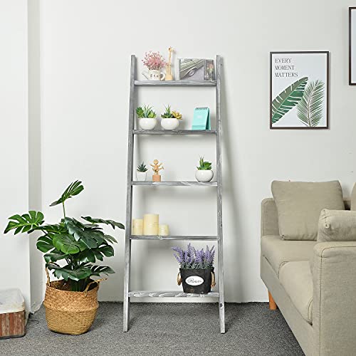 ExoLiry Rustic Stone Gray Wood Wall Leaning Ladder Wooden Display Rack 4.5 Feet Blanket Quilt Scarf Towel Laundry Decor 5 Rungs Farmhouse Country Style Home Bathroom Kitchen Bedroom Living Room