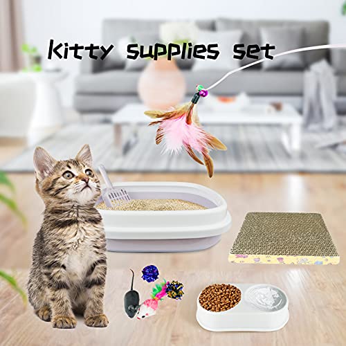 SIVEIS 12 Piece Kitten Cat Starter Kit,Kitten Litter Box Starter Kit,Kitten Accessories for Indoor Cats/Cat Cages Indoor,Cat Litter Box & Scoop,Cat Scratch Pad,Double Cat Bowls,Kitten Toys,Pet Spoon