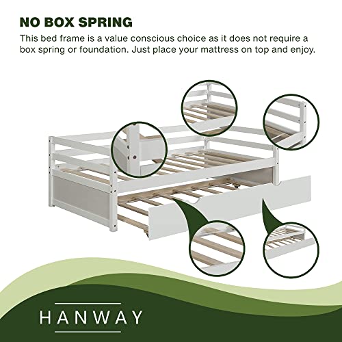 Hanway Solid Pine Wood Frame Twin Daybed with Pull Out Trundle, Twin Size Trundle Daybed/Twin Daybed Frame Wood, No Box Spring Needed, Easy Assembly (White)