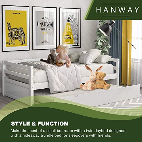 Hanway Solid Pine Wood Frame Twin Daybed with Pull Out Trundle, Twin Size Trundle Daybed/Twin Daybed Frame Wood, No Box Spring Needed, Easy Assembly (White)