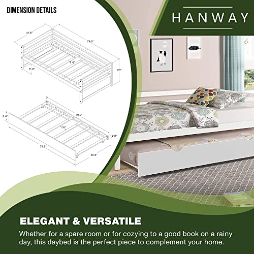 Hanway Solid Pine Wood Frame Twin Daybed with Pull Out Trundle, Twin Size Trundle Daybed/Twin Daybed Frame Wood, No Box Spring Needed, Easy Assembly (White)