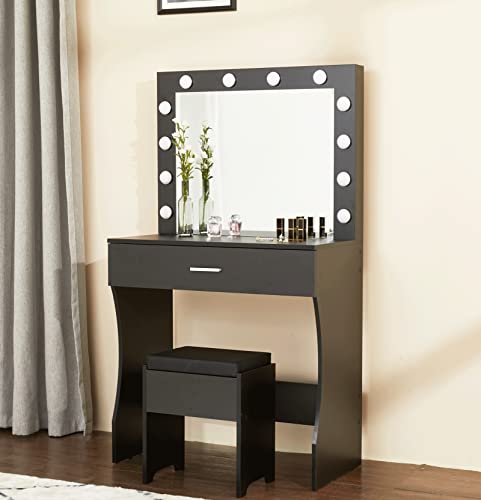 Vanity Table Set with Lighted Mirror, Makeup Vanity Desk for Girls Women, Larger Drawer and Cushioned Stool with Extra Storage Space