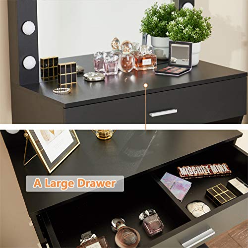 Vanity Table Set with Lighted Mirror, Makeup Vanity Desk for Girls Women, Larger Drawer and Cushioned Stool with Extra Storage Space