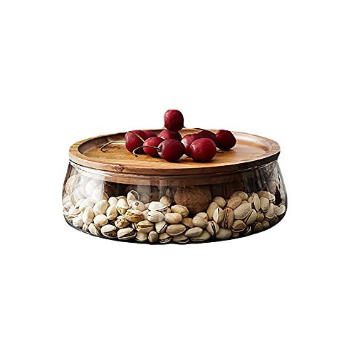 Ytzada Glass Candy and Nuts Serving Container with Wooden Lid, Round Food Storage Platter, Snack Tray Bread Plates Salad Fruit Vegetable Large Bowls