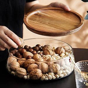 Ytzada Glass Candy and Nuts Serving Container with Wooden Lid, Round Food Storage Platter, Snack Tray Bread Plates Salad Fruit Vegetable Large Bowls