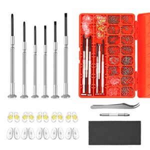 magnetic eye glass repairing kit, sunglasses eyeglass repair kit with eyeglass screws，include 10 pairs of screw-in nose pads, screws, screwdrivers, tweezer and cleaning cloth for glasses