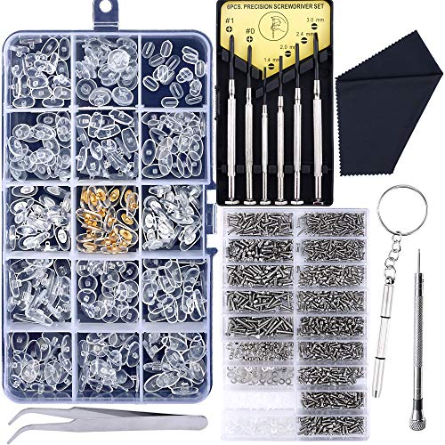 Upgrade Version Eyeglass Repair Kit,1500 Pcs More Complete Glasses Screws Kit and Nose Pads with 6 Pcs Screwdrivers and 3 Pcs Tools for Glasses, Eyeglasses and Sunglasses Repair