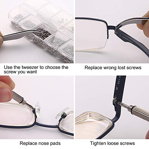 Sunglasses Eyeglasses Repair Kit, 1100PCS Tiny Stainless Steel Screws and 5 Pairs Nose Pads with Micro Screwdriver Tweezer for Watch Clock Spectacle Eyewear Repair