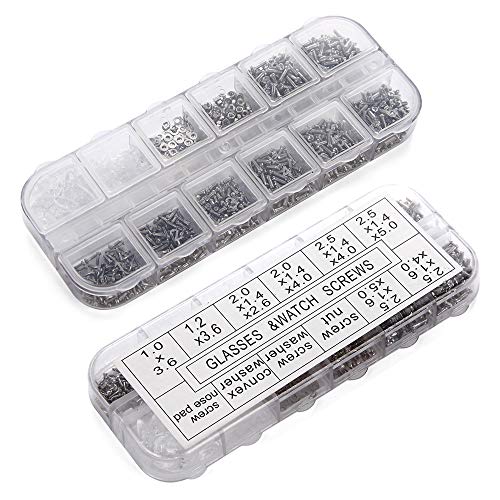 Sunglasses Eyeglasses Repair Kit, 1100PCS Tiny Stainless Steel Screws and 5 Pairs Nose Pads with Micro Screwdriver Tweezer for Watch Clock Spectacle Eyewear Repair