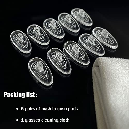 PTSLKHN Push-in Eyeglass Nose Pad, 5 Pairs of 16.5x8.5mm Glasses Nose Pad, Anti-Slip Glasses Nose Pads Replacement Kit with Glasses Cleaning Cloth