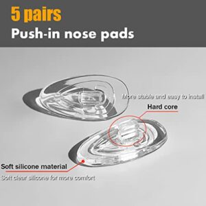 PTSLKHN Push-in Eyeglass Nose Pad, 5 Pairs of 16.5x8.5mm Glasses Nose Pad, Anti-Slip Glasses Nose Pads Replacement Kit with Glasses Cleaning Cloth