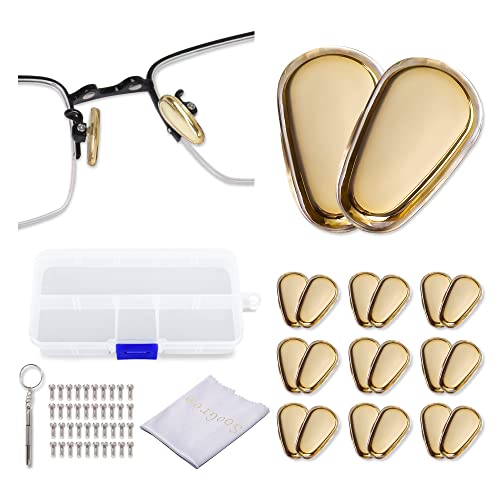 10 Pairs Silicone Gold Eyeglasses Nose Pads Screw in 1 Piece of Glasses Cleaning Cloth, Screw, Screwdriver Glasses Accessories Replacement Kit