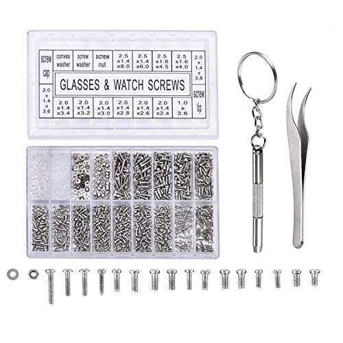 1000Pcs Eyeglass Repair Kit, Screws Nut Set for Glasses Clocks Watches Stainless Steel Assortment with Screwdriver & Tweezers Universal Repair Screws Tool Kit