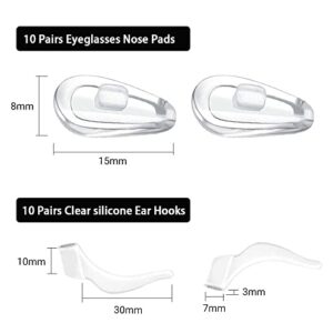 Eyeglass Nose Pads Ear Grips 10 Pairs Glasses Nose Pad 10 Pairs Glasses Retainer Ear Hooks for Glasses Sunglasses Non-Slip Eyeglasses Holder Eyeglass Repair Kit Sunglasses Replacement Pads