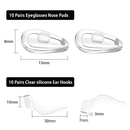 Eyeglass Nose Pads Ear Grips 10 Pairs Glasses Nose Pad 10 Pairs Glasses Retainer Ear Hooks for Glasses Sunglasses Non-Slip Eyeglasses Holder Eyeglass Repair Kit Sunglasses Replacement Pads