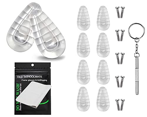 AONUOWE 15mm Soft Silicone Air Chamber Eyeglass Nose Pads, Repair Kit, Glasses Screws and Micro Screwdriver Cleaning Cloth, 5 Pairs of Screw-in Bag Pad Set + 1*Cleaning cloth