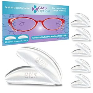 gms optical® 1.3mm ultra-thin anti-slip adhesive contoured silicone eyeglass nose pads with super sticky backing for glasses, sunglasses, and eye wear - 5 pair (clear)