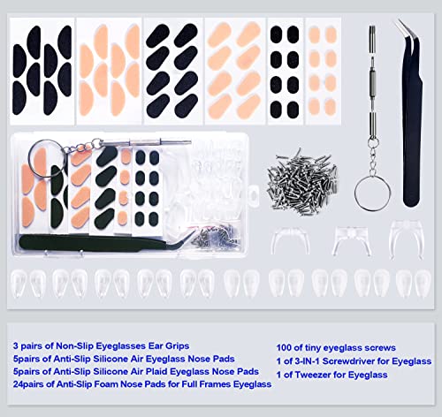 Tosvimia Upgrade Multi-Function Eyeglass Repair Kit, Include Anti-Slip Silicone Eyeglass Nose Pads, Screwdriver, Non-Slip Eyeglasses Ear Grips, Screws, Tweezer for Glasses, Sunglass, Reading Glasses