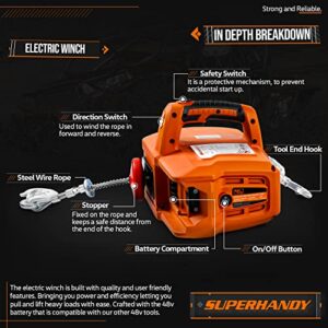 SuperHandy Electric Portable Winch Hoist Crane Lift Brushless Motor Li-Ion Battery Powered 1000Lbs/455Kgs Max Weight 20' Feet/6m Steel Braided Cable w/Locking Knob for atv truck boat trailer