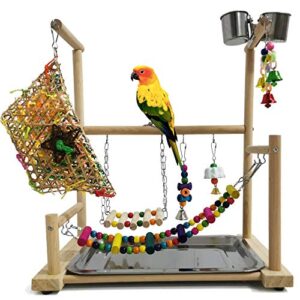 kathson parrot playstand bird playground conures play stand wood perch gym playpen ladder parakeets cage accessories exercise toys with swings feeder cups for cockatoos lovebirds