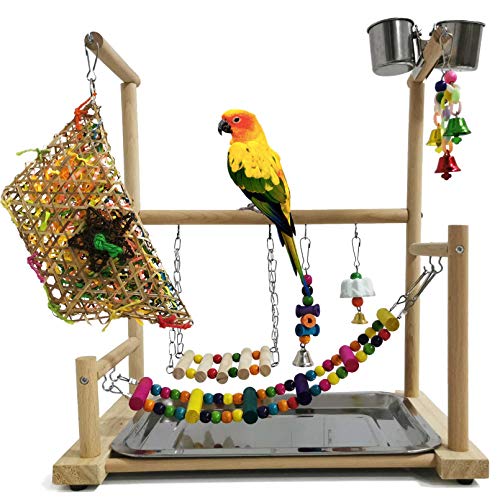 kathson Parrot Playstand Bird Playground Conures Play Stand Wood Perch Gym Playpen Ladder Parakeets Cage Accessories Exercise Toys with Swings Feeder Cups for Cockatoos Lovebirds