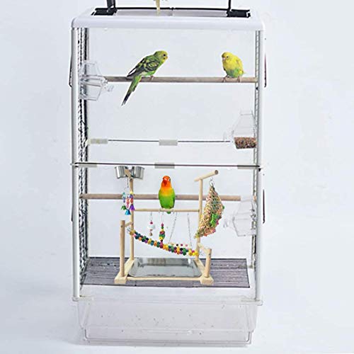 kathson Parrot Playstand Bird Playground Conures Play Stand Wood Perch Gym Playpen Ladder Parakeets Cage Accessories Exercise Toys with Swings Feeder Cups for Cockatoos Lovebirds