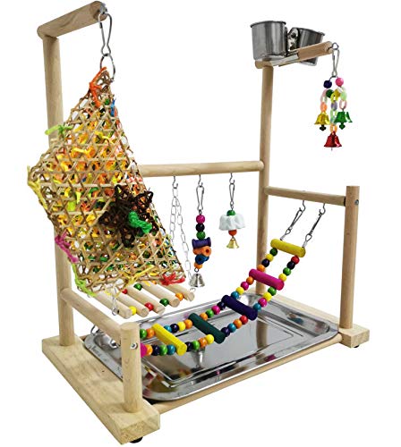 kathson Parrot Playstand Bird Playground Conures Play Stand Wood Perch Gym Playpen Ladder Parakeets Cage Accessories Exercise Toys with Swings Feeder Cups for Cockatoos Lovebirds