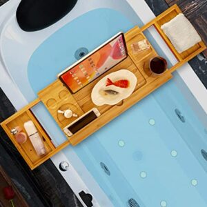 Premium Bamboo Bath Tray Table,Bathtub Caddy Table with Book Wine Phone Holder,Expandable Bathtub Tray with 2 Sliding Trays